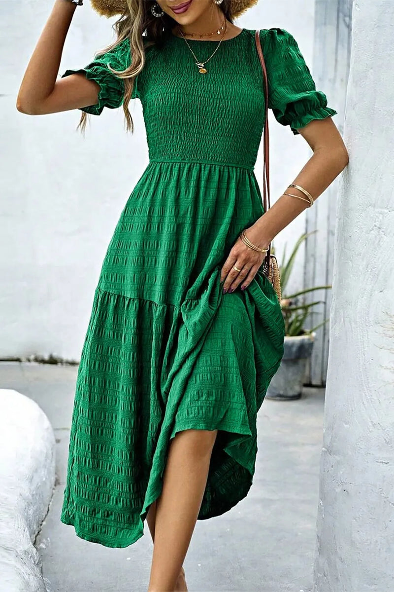 Smocked Puff Sleeve Midi Dress at Sophia's Style – SophiasStyle.com