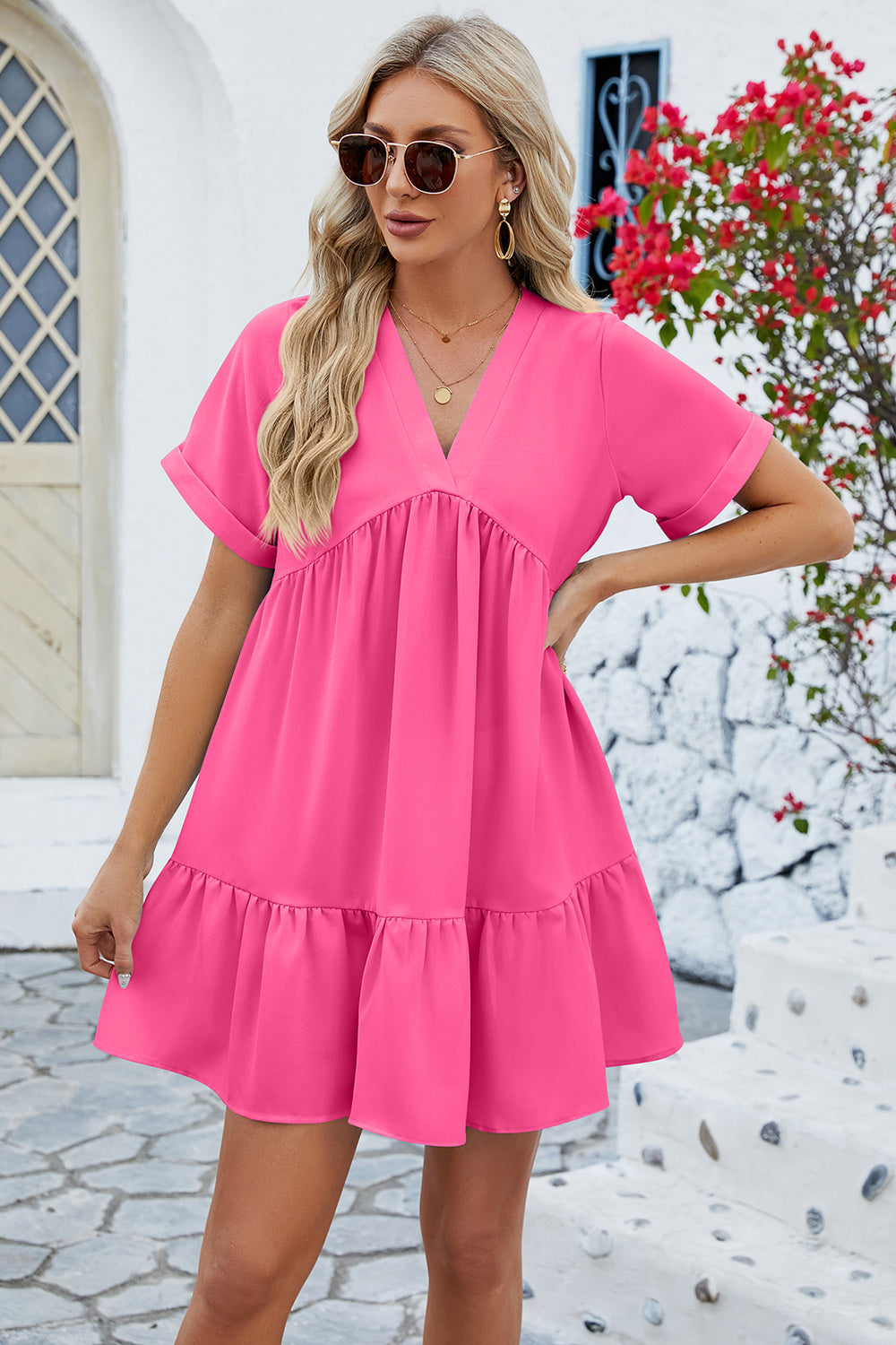 Ruched Tiered V-Neck Short Sleeve Mini Dress – SophiasStyle.com