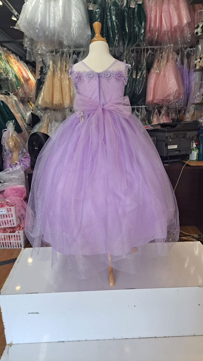Big Girls Lilac Illusion Neckline Floral Applique Glitter Tulle Dress ...