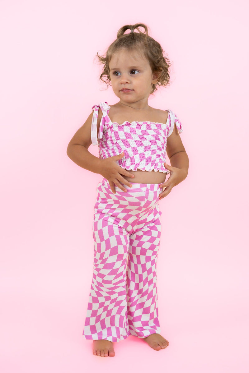 BUBBLEGUM WAVY CHECKERS DREAM SMOCKED FLARE SET – SophiasStyle.com