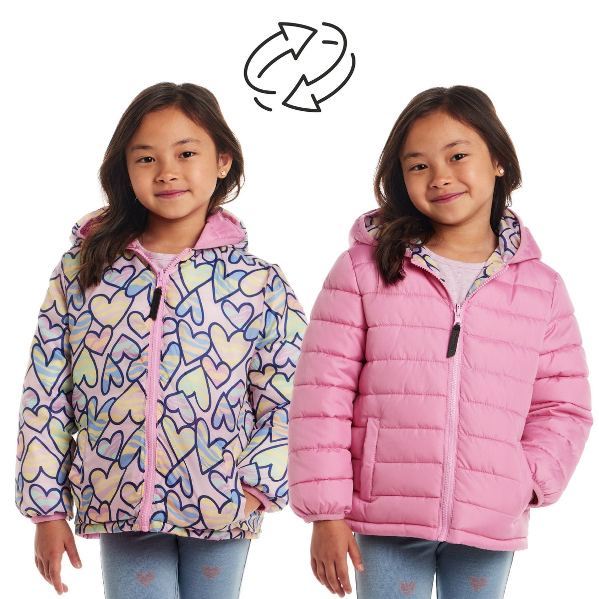 Kids Printed Reversible Puffer Jacket | Pink Hearts at Sophia's Style ...