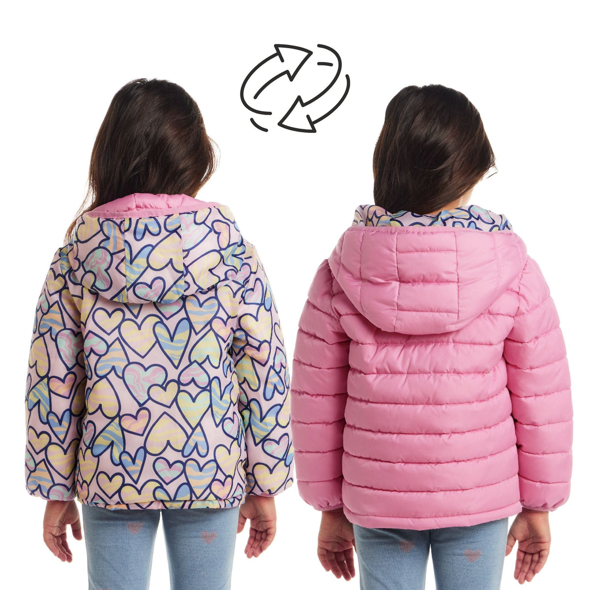 Kids Printed Reversible Puffer Jacket | Pink Hearts at Sophia's Style ...