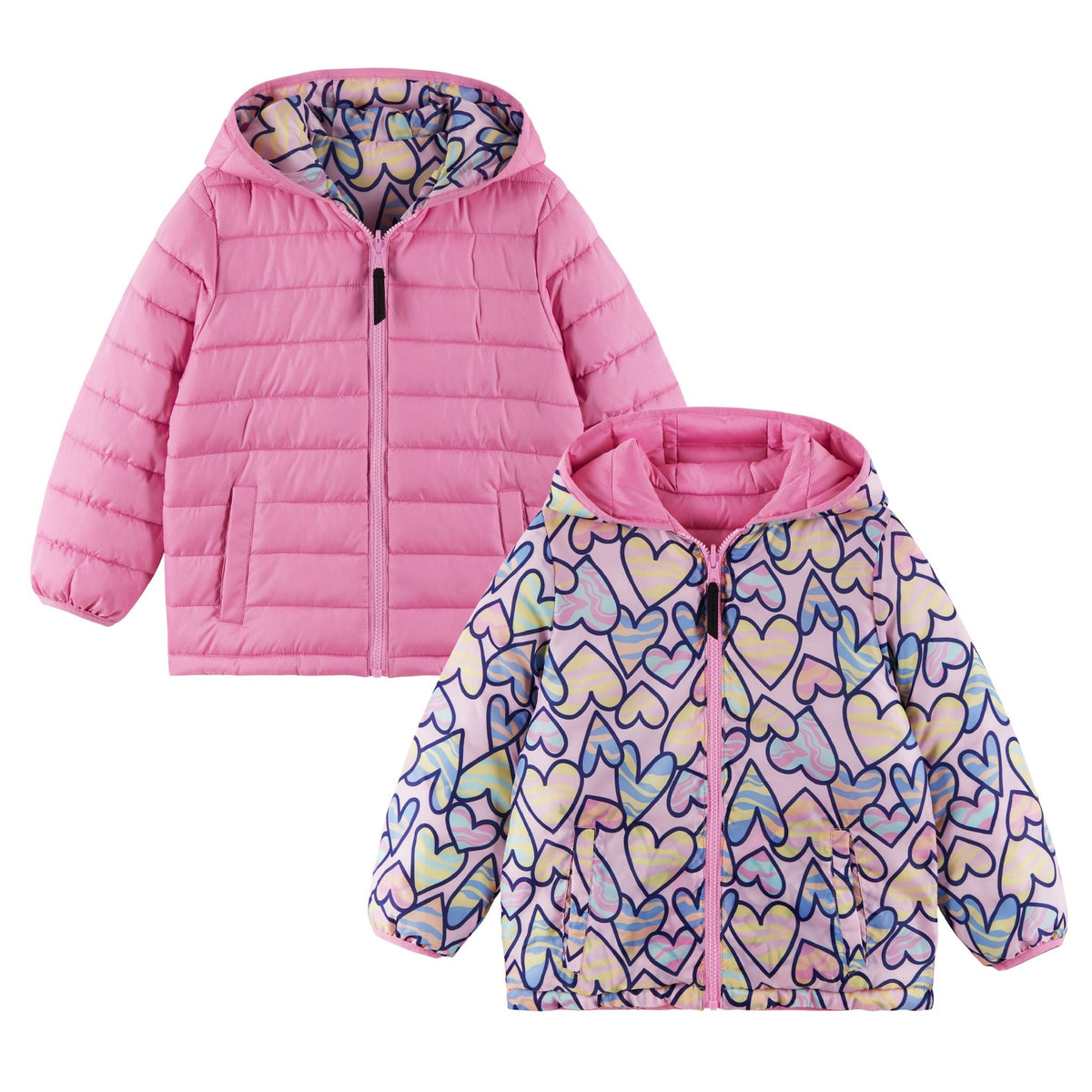 Kids Printed Reversible Puffer Jacket | Pink Hearts at Sophia's Style ...