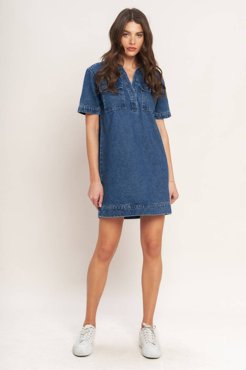 BLUE CANVAS DENIM MINI DRESS at Sophia's Style – SophiasStyle.com