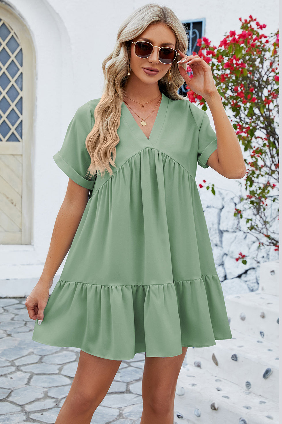 Ruched Tiered V-Neck Short Sleeve Mini Dress – SophiasStyle.com