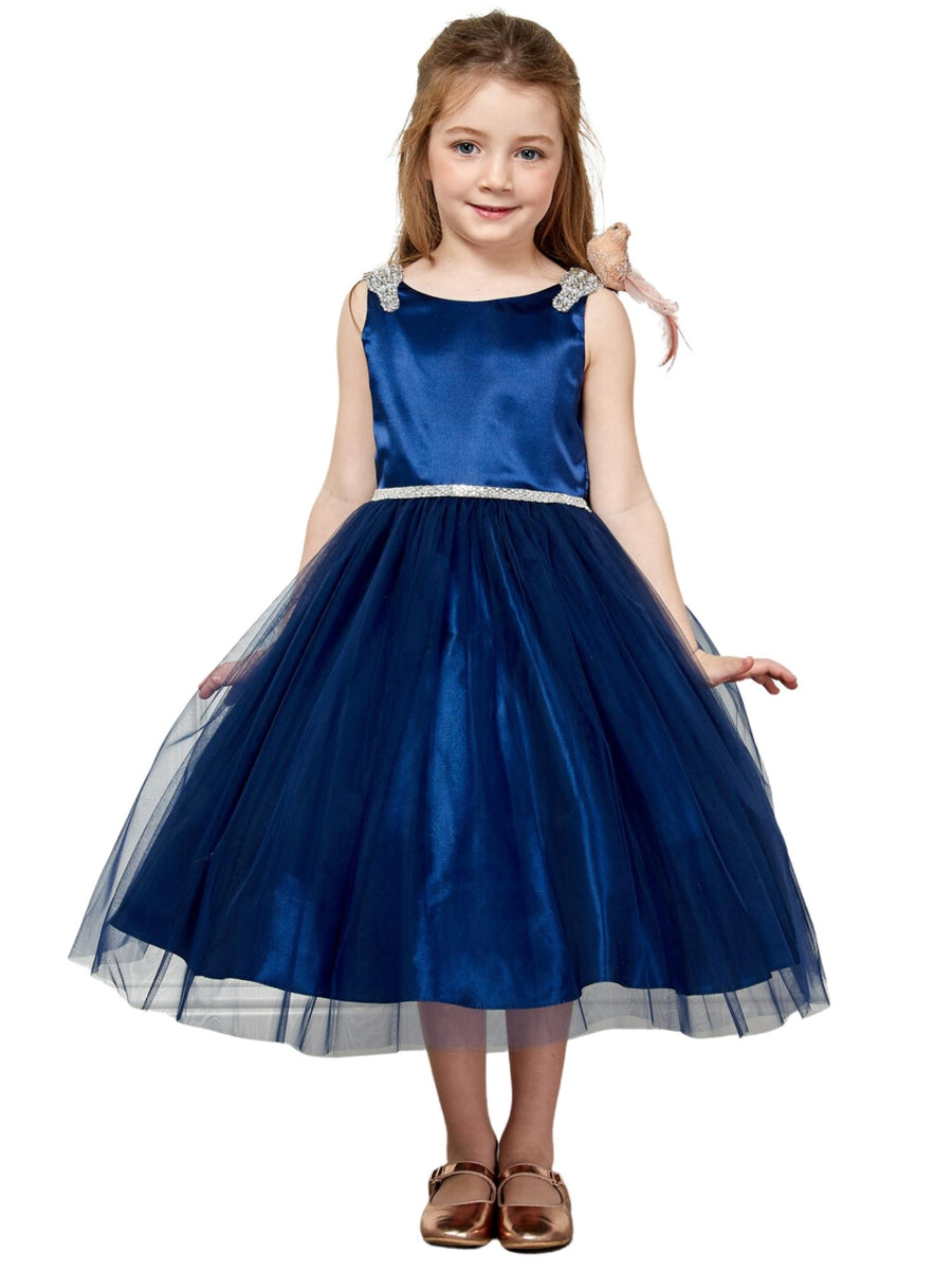 Girls Navy Dull Satin Tulle Dress with Cristal on Shoulder and Waist ...