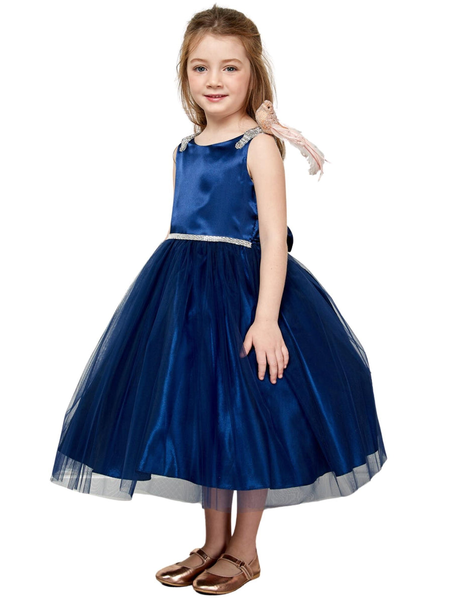 Girls Navy Dull Satin Tulle Dress with Cristal on Shoulder and Waist ...