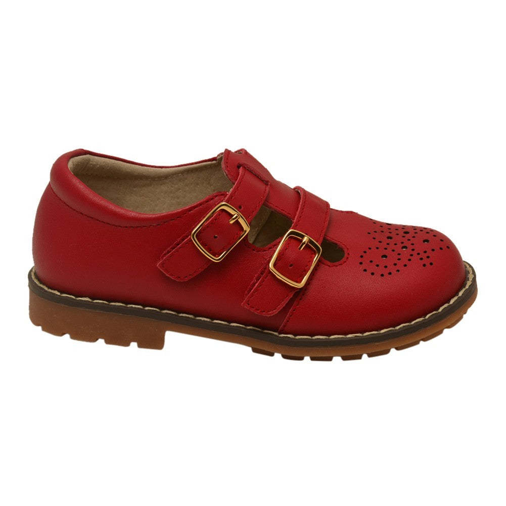 Girls Red Double T-Strap Buckled Stitch Down Leather Shoes 5 Toddler-2 ...