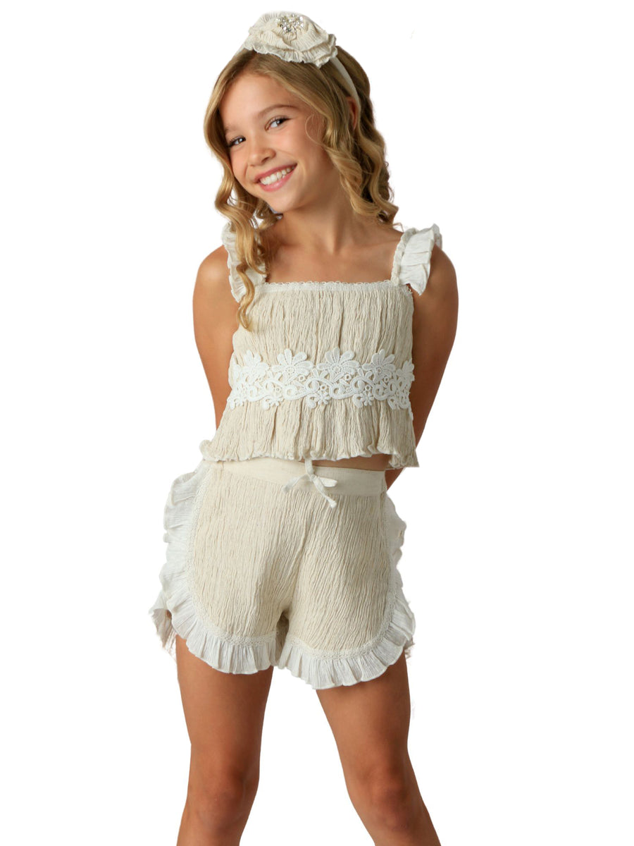 Oatmeal Evie 2 Pieces Short Set for Girls with Ruffled Shorts and Top ...