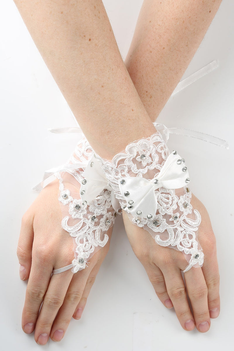 Girls White Rhinestone Satin Bow Lace Fingerless Communion Flower Girl ...
