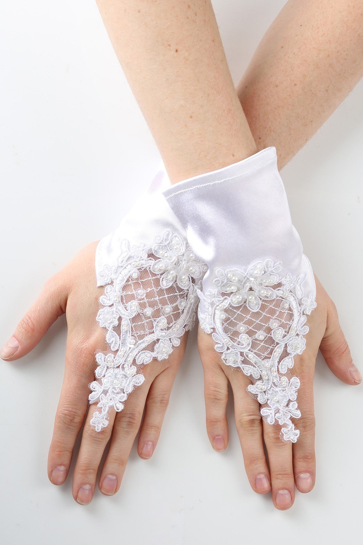 Girls White Pearl Sequin Coiled Lace Satin Communion Flower Girl Glove ...