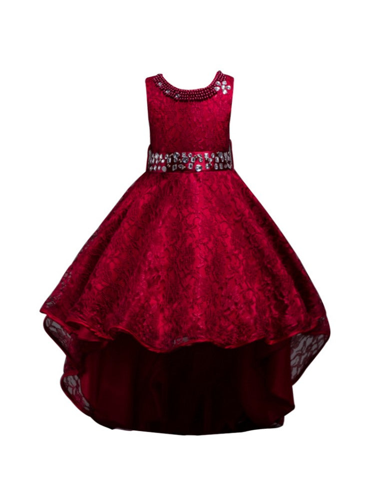 Little Girls Red Black Rhinestone Embroidered Lace Flower Girl Dress 4 ...